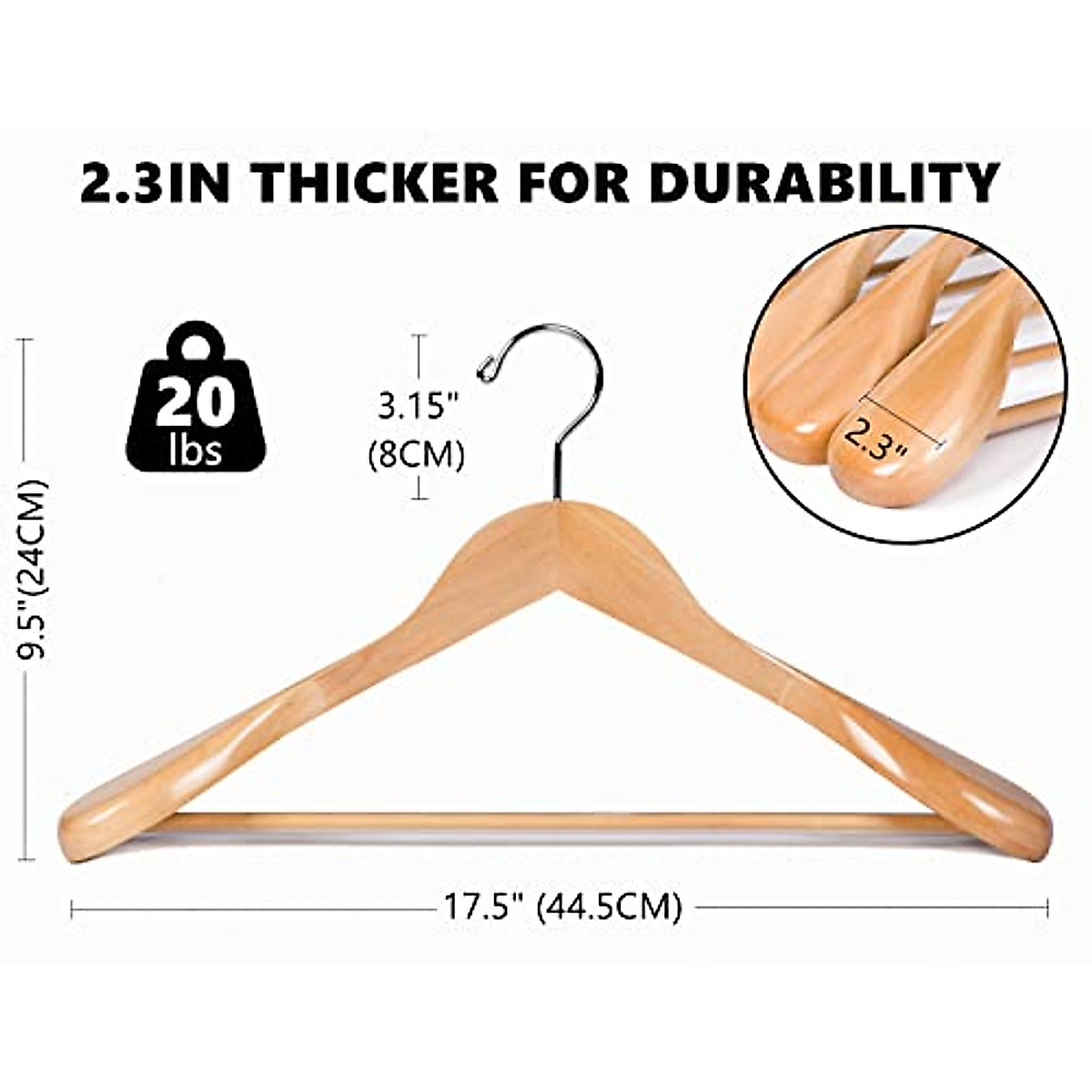Amber Home 6 Pack Wide Shoulder Wooden Suit Coat Hangers with Non Slip Pants Bar, Solid Wood Jacket Clothes Hangers Smooth Finish for Sweater, Pants, Heavy Clothes (Natural, 6 Pack)