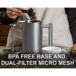 Bellemain French Press Double Walled Insulated 304 Stainless Steel Coffee Maker, (Grey, 35 oz), Micro Mesh Filtration, Extra Filter Included, No Coffee Grounds, Rust Free, Dishwasher Safe