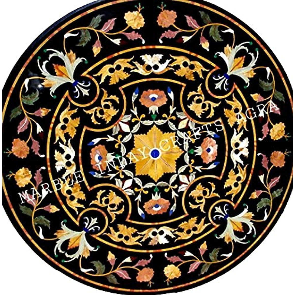 Pietra Dura Natural Black Marble Round 33" x 33" Inch Coffee Table Top, Black Marble Round Dining Table Top, Marble Centre Table Top, Piece Of Conversation, Family HeirLoom
