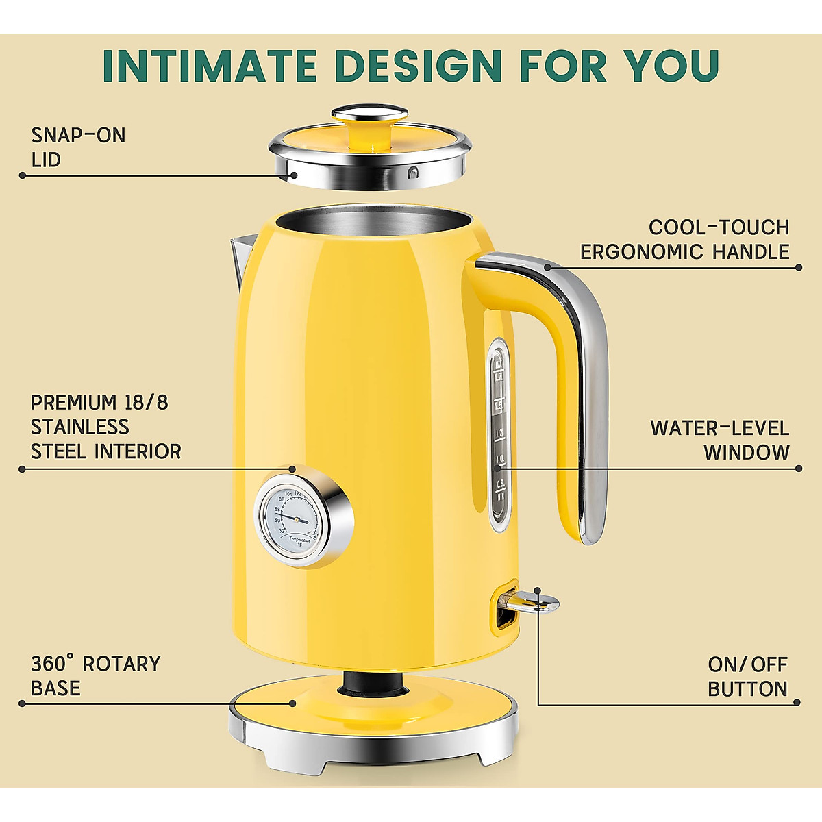 SUSTEAS Electric Kettle - 57oz Hot Tea Kettle Water Boiler with Thermometer, 1500W Fast Heating Stainless Steel Tea Pot, Cordless with LED Indicator, Auto Shut-Off & Boil Dry Protection, Retro Yellow