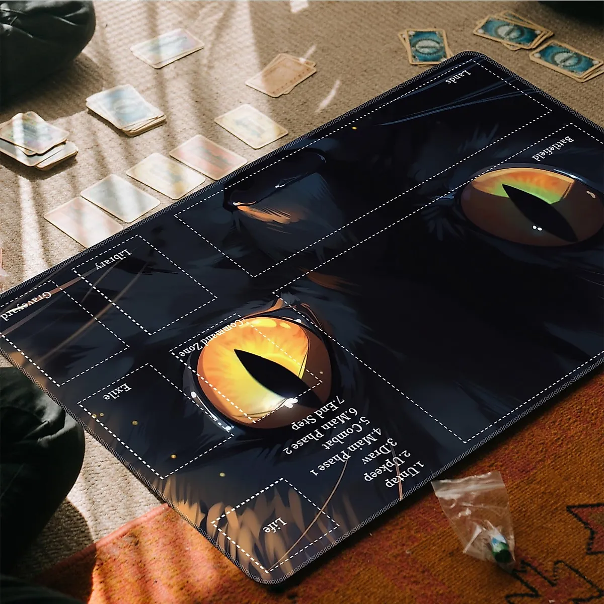 Playmat for MTG Playmat with Zones, 24" x 14" TCG Playmat Ideal for MTG Playmat Game Trading Board, Original Hand-Painted Printing Non-Slip Rubber Bottom & Stitched Edges Mouse Pad, Black Cat Eyes