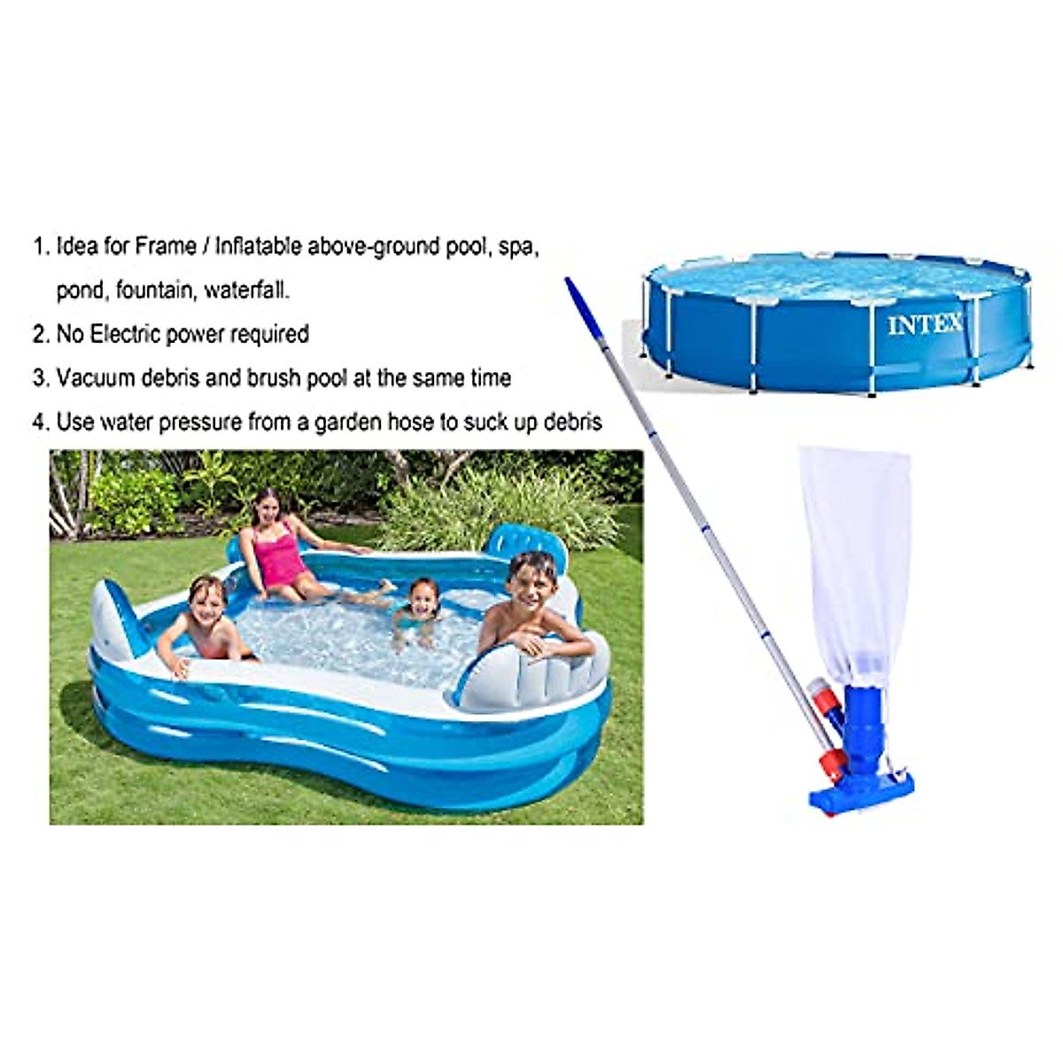 PoolSupplyTown Pool Spa Jet Vacuum Cleaner w/ Brush & 48-inch Poles, Ideal for Frame Aboveground/Inflatable Pool, Spa, Hot Tub, Pond, Fountain Vacuuming, No Electric Power Needed, Use Water Pressure From Garden Hose to Vacuum (Optional, A Telescopic Pool