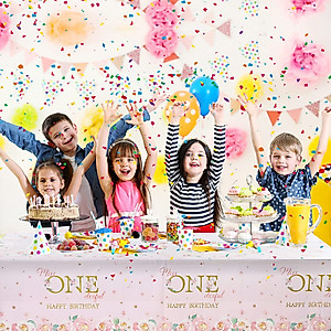 3 Pieces 1st Birthday Party Tablecloth Floral One First Birthday Table Cover Flower Disposable First Birthday Plastic Tablecloth for Kids Birthday Baby Shower Party Decoration Supplies, 54 x 108 Inch