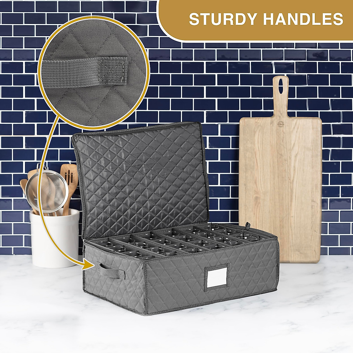 2 Pack - China Cup Storage Chest with 48 Compartments Total - 19" x 13" x 6.5"H - Customizable Dividers to Accommodate Different Glassware and Bar Glasses - Hardshell on Sides and Bottom - Gray