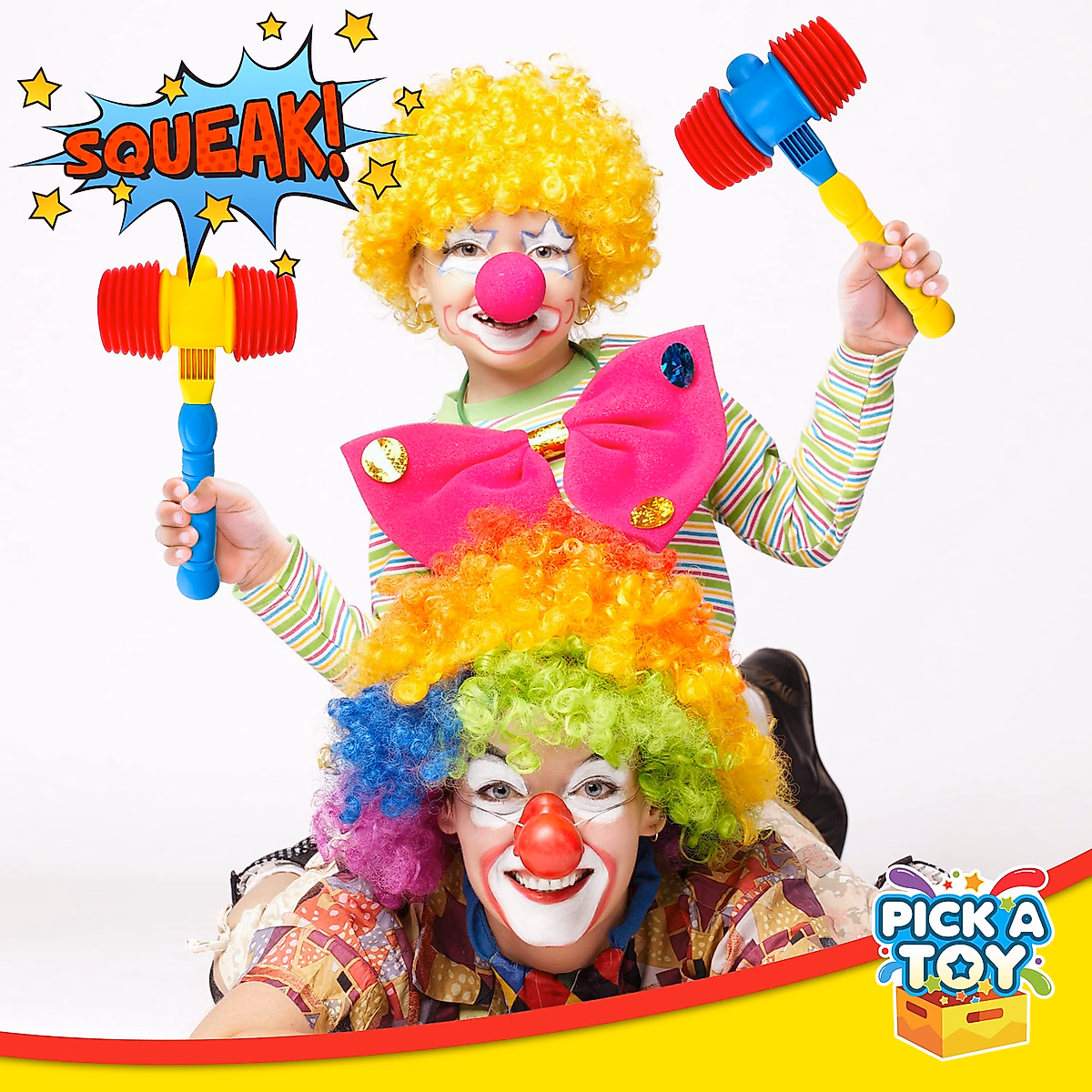 Squeaky Hammer Toy for Kids, 14” Long with Soft Plastic Mallet, Fun Birthday Party Favor for Carnival, Circus, and Whack a Mole Games, Interactive Pounding Action, Red Carry Bag