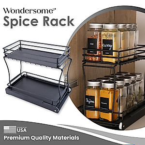 Wondersome Pull-Out Spice Rack Organizer for Cabinet Shelf - Matt Black - 2-Tier Kitchen Jars Organization and Storage Tray - EZ-Slide Rolling Drawer Wheels - Assembles in Moments - US-Based Brand
