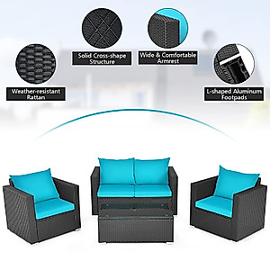 Tangkula 4 Piece Patio Rattan Conversation Furniture Set, Outdoor Wicker Sofa Set with Padded Cushion & Tempered Glass Coffee Table, Wicker Sectional Sofas and Table for Courtyard (1, Turquoise)
