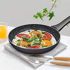 Milton Nonstick frying pan 9.4 inch. Large pan for egg omelette, pancake. Flat bottom Stir fry skillet for electric induction cookware. Dishwasher & Oven safe (Aluminium) Black