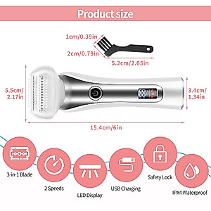 Electric Shaver for Women, LED Display 3 in 1 Blade Electric Razor Painless for Legs Bikini Trimmer Underarm Public Hairs, Rechargeable Womens Hair Remover Wet Dry Use Cordless with Detachable Head