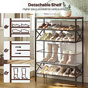 YATINEY 6 Tier Shoe Rack, Shoe Storage Organizer, Holds 24 Pairs of Shoes, Shoe Organizer for Closet, Iron Frame, Durable and Stable, Rustic Brown and Black SS06BR