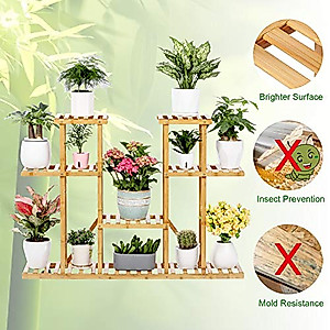 Bamboo Plant Stand Rack 4 Tier Indoor&Outdoor Multiple Flower Pot Holder Shelf Planter Display Shelving Unit for Patio Garden, Living Room, Corner Balcony and Bedroom (13 Flowerpots)