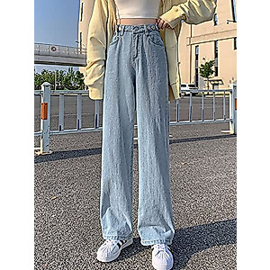 LQI Women's High Waist Baggy Boyfriend Jeans Distressed Wide Leg Denim Pants Blue