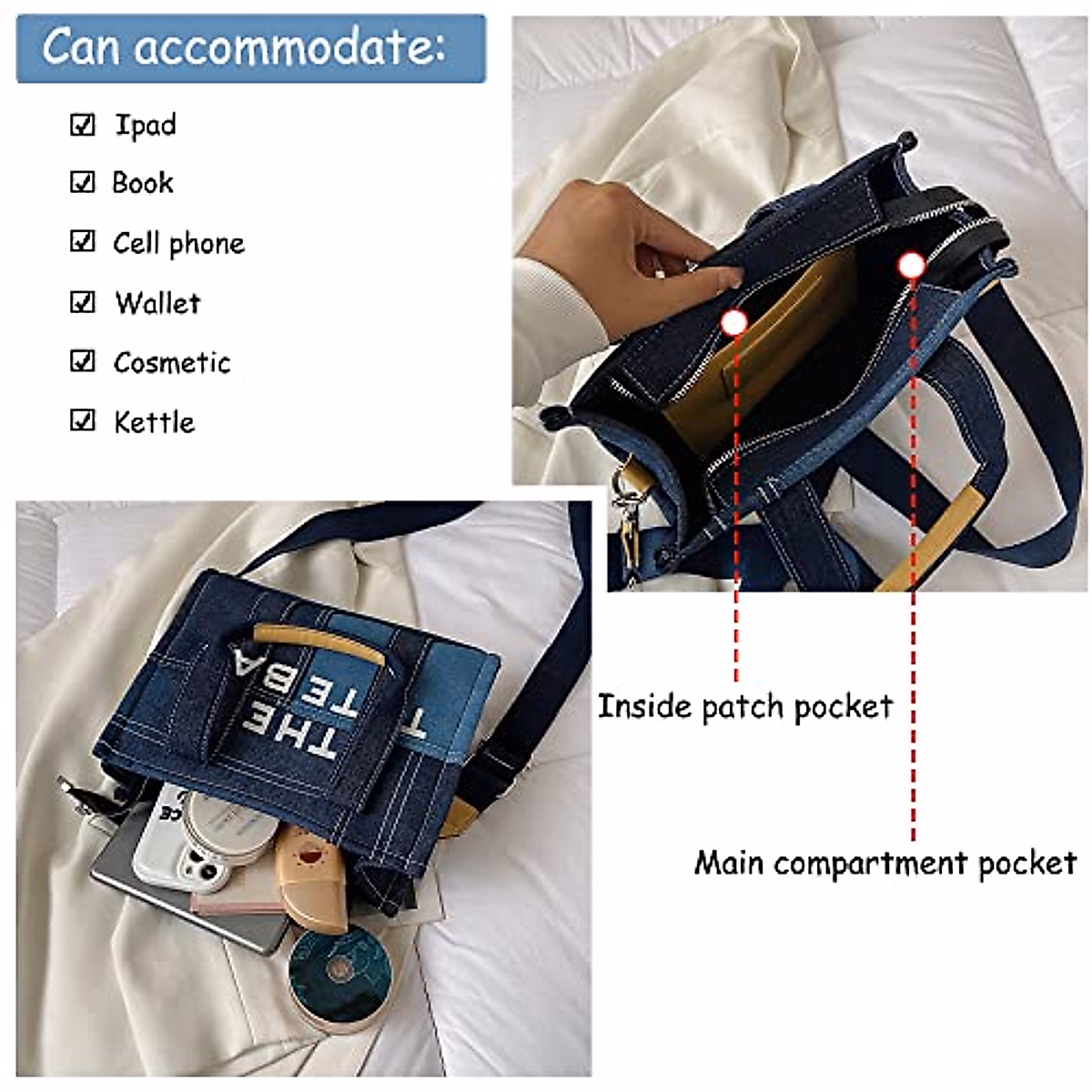 Tote Bags for Women Handbag Tote Purse with Zipper Denim Crossbody Bag Shoulder Bag for Office, Travel, School (Blue, Large)