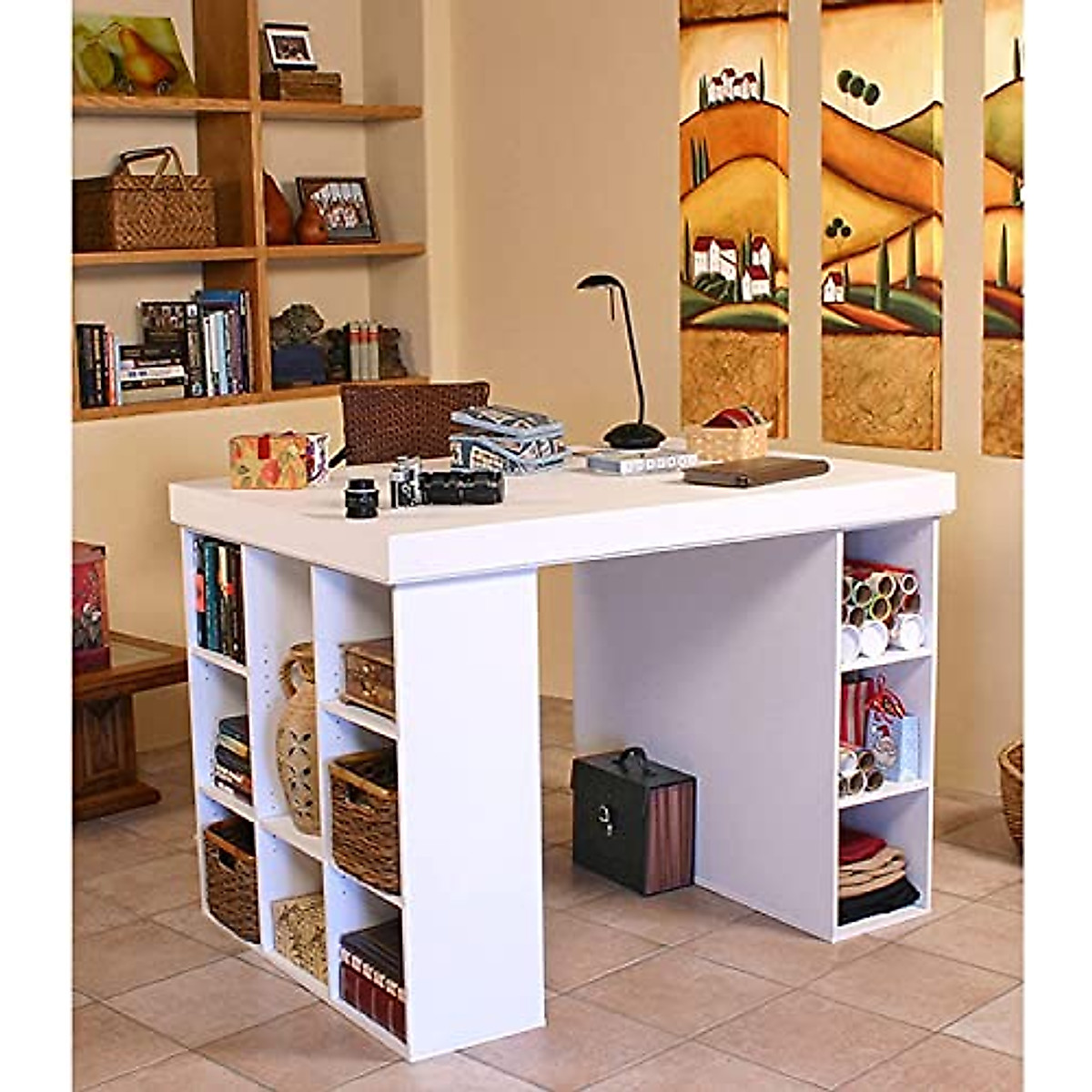 Project Center Desk with Bookcase and 3 Bin Cabinet-White
