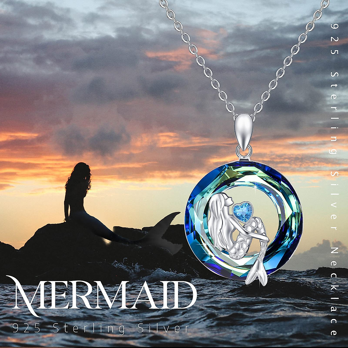 AOVEAO Crystal Mermaid Necklace 925 Sterling Silver Mermaid Ocean Circle Crystal Necklaces Mermaid Jewelry Gifts (Heart Mermaid Necklace)