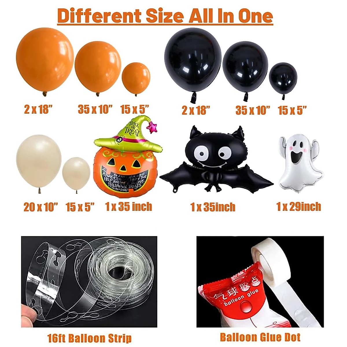 Beaumode Halloween Balloon arch with Pumpkin Bat Ghost Foil Balloons Black Orange Sand White Balloon 142pcsfor Kids Halloween Spooky Costume Party Decorations (Orange Black)