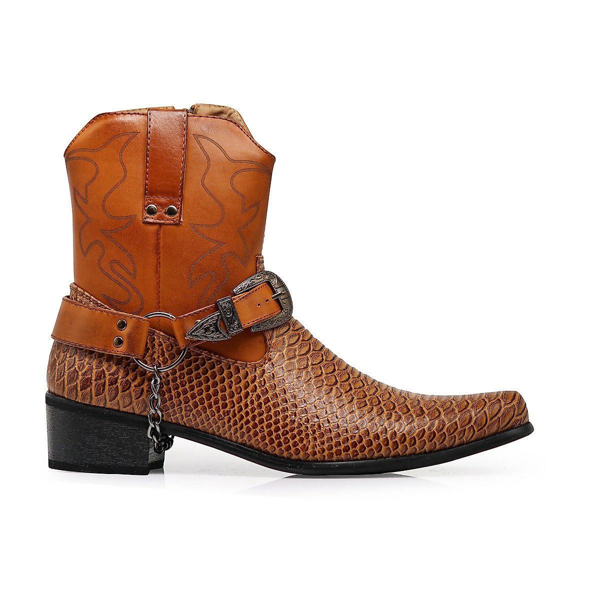 Alberto Fellini Men's Crocodile Prints Western Cowboy Boots with Side Zipper, Belt Buckle and Metal Chain (10.5, Brown)