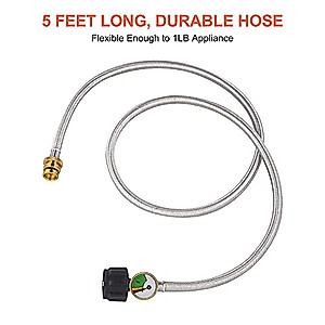 CAMPLUX 5 FT Propane Hose Adapter with Tank Gauge, Stainless Braided Propane Hose 1 lb to 20 lb, Perfect for Gas Grill, Camping Stove and Portable Heater