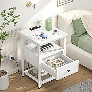 Ecoprsio Nightstand Set of 2 with Charging Station, End Table Bedside Table with USB Ports, Modern Nightstands with Drawers Storage Shelf, Wood Night Stands for Bedroom, Living Room, Sofa Couch, White