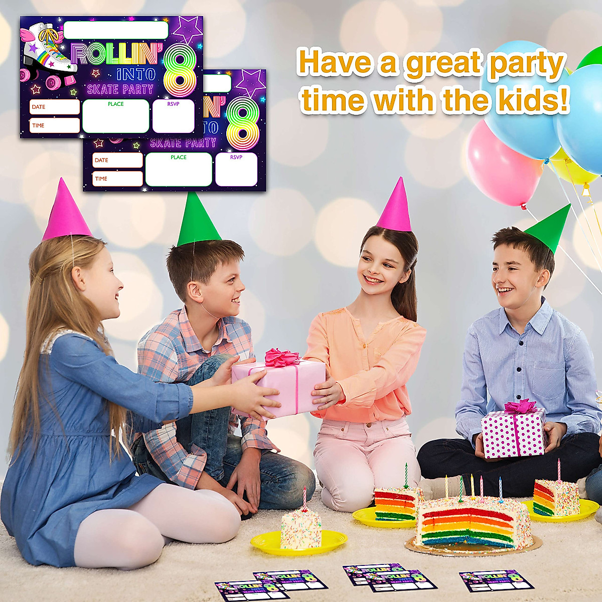 YSTEP Roller Skating 8th Birthday Party Invitations, 20 Invite Cards with Envelopes, 4"x6" Neon Skating Birthday Party Invites - A07