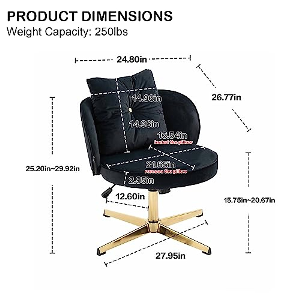 Pvillez Office Desk Chair No Wheels Polyester Fabric Armless Home Office Desk Chair Office Chair Vanity Chair Adjustable Swivel Home Office Computer Chair Task Chair with Pillow and Gold Base (Black)