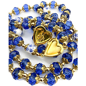 Nazareth Store Catholic Blue Crystal Beads Gold Rosary Flowers Beaded Necklace Miraculous Heart Locket Medal & Cross Religious Women Men Amulet