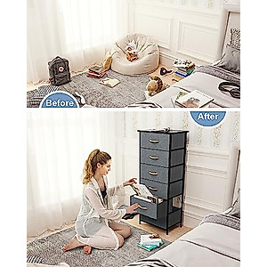 Crestlive Products Vertical Dresser Storage Tower - Sturdy Steel Frame, Wood Top, Easy Pull Fabric Bins, Wood Handles - Organizer Unit for Bedroom, Hallway, Entryway, Closets - 6 Drawers (Gray)