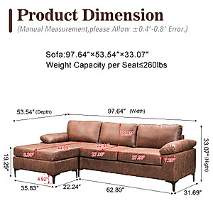 XIZZI L Shaped Sofa Convertible Sectional Sofa 3-Seat Couch with Reversible Chaise for Living Room,L Shaped 97 inches Dark Brown
