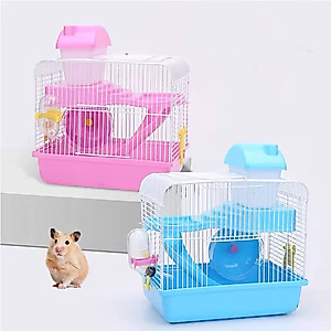 Zhang Ku 2-Tier Portable Travel Cage for Small Animals, Dwarf Hamster Travel Carrier with Carry Handle Exercise Wheel Water Bottle and Food Dish, 6.7 x 11.8 x 9.1 Inch (Pink) (SSS441)