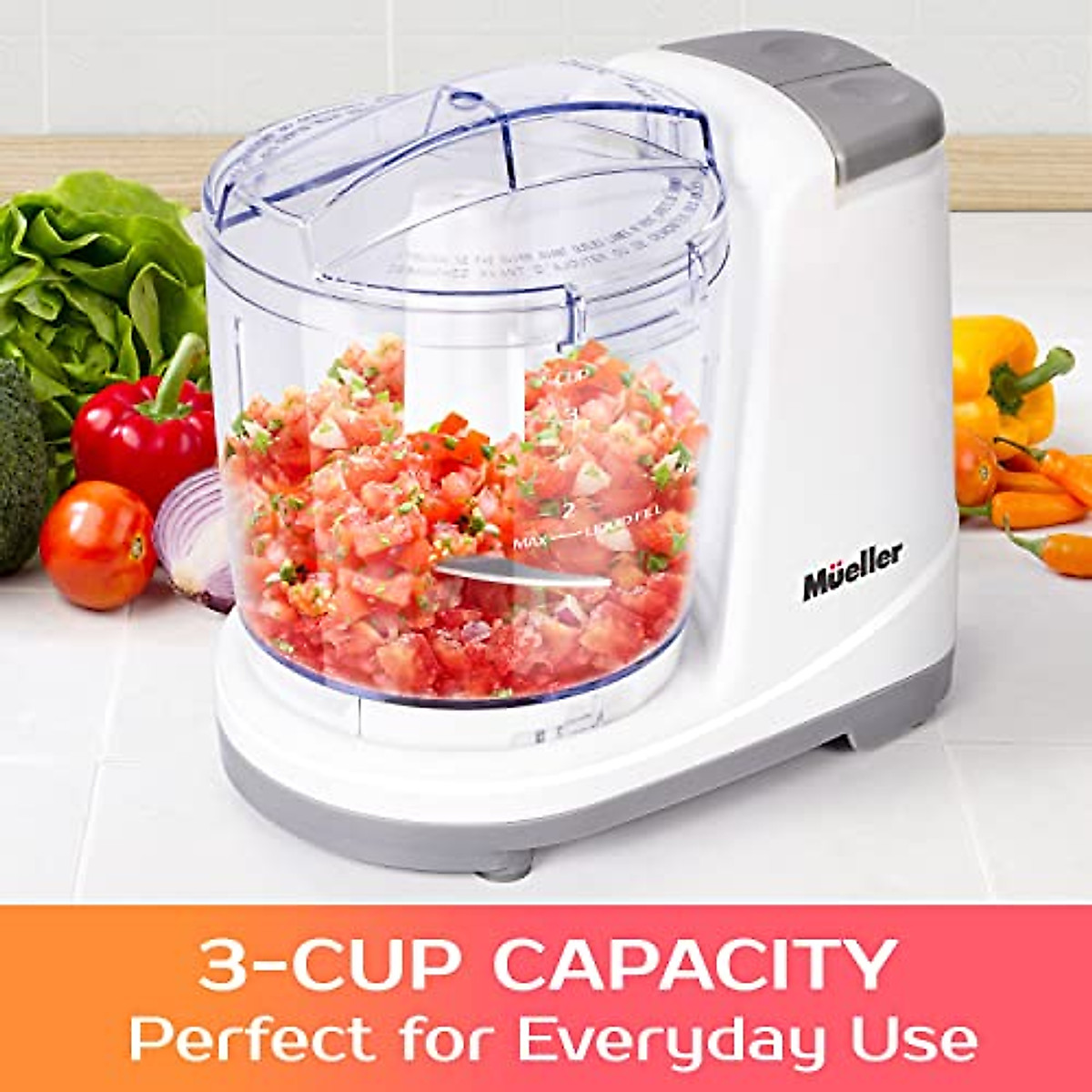 Mueller Electric Food Chopper, Mini Food Processor, 3-cup Mini Chopper, Meat Grinder, Mix, Chop, Mince and Blend Vegetables, Fruits, Nuts, Meats, Stainless Steel Blade, White