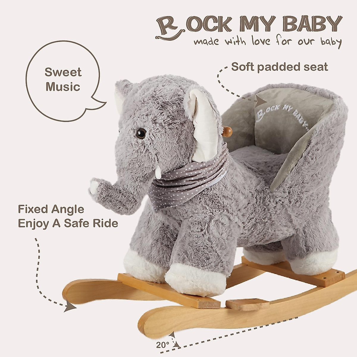 Rock My Baby Rocking Horse Elephant with Chair, Plush Stuffed Rocking Animals, Baby Rocker with Sweet Music, Animal Ride on for Girls and Boys 1 Year and up(Gray Elephant),CPC Certified