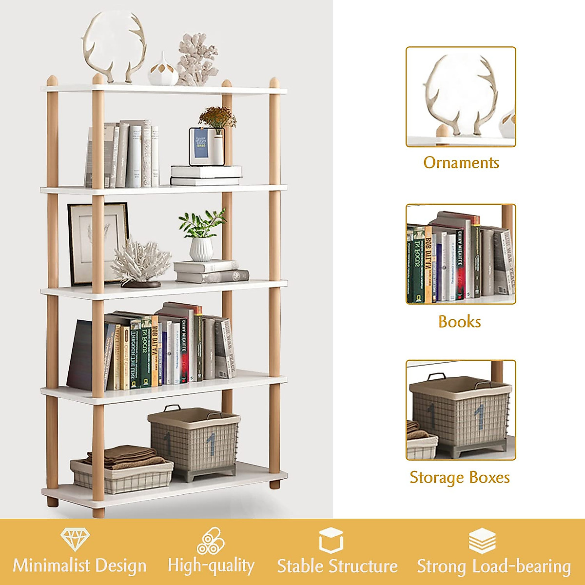 IOTXY 5-Tier Wooden Shelf Bookcase - Modern Open Bookshelf, Free Standing Storage Rack, Multifunctional Display Stand for Home and Office, White, Rectangle