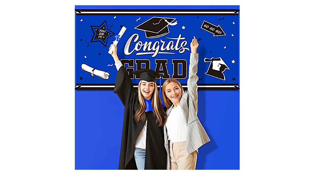 Blue Graduation Backdrop Banner - Congrats Grad Party Decor