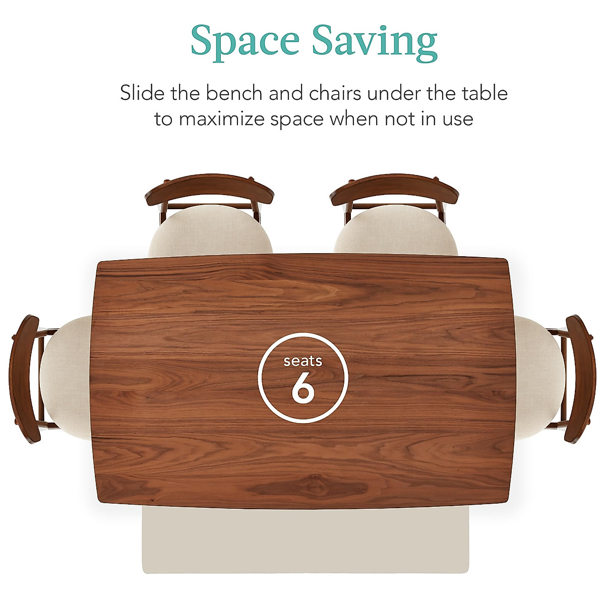 Best Choice Products 6-Piece Wooden Dining Set, Mid-Century Modern Table & Upholstered Chair Set w/Bench Seat, Rubberwood Legs - Brown/Cream