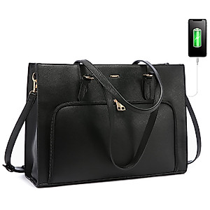 LOVEVOOK Laptop Bag for Women 15.6 inch Waterproof Work Tote Bag Briefcase with USB Charging Port PU Leather Computer Handbag Shoulder Bag Large Professional Teacher Bag for Travel Business School