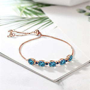 Gem Stone King 18K Rose Gold Plated Silver London Blue Topaz and Blue Sapphire Tennis Bracelet For Women | 7.74 Cttw | Gemstone Birthstone | Fully Adjustable Up to 9 Inch