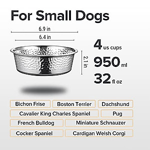 URBUDDIES 2 Pack Hammered Stainless Steel Dog Bowls, 4 Cup, Gray Bottom