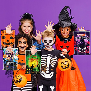 HOWAF 60pcs Halloween Treat Bags with Handles, Halloween Trick or Treat Goodie Bags for Kids Halloween Party Favors Candy Bags Halloween Plastic Gift Bags with Horror Castle Witch Ghost Spider Bat