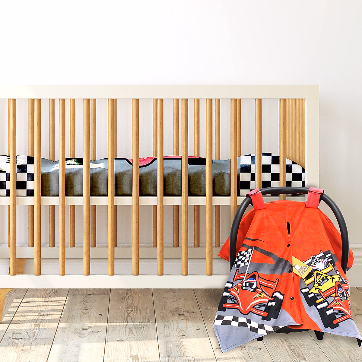 Dear Baby Gear Car Seat Canopy - Premium Infant Car Seat Cover for Maximum Protection and Style - Breathable - Car Seat Canopy for Boys/Girls - Race Car Print/Black Smooth, 40" x 30"