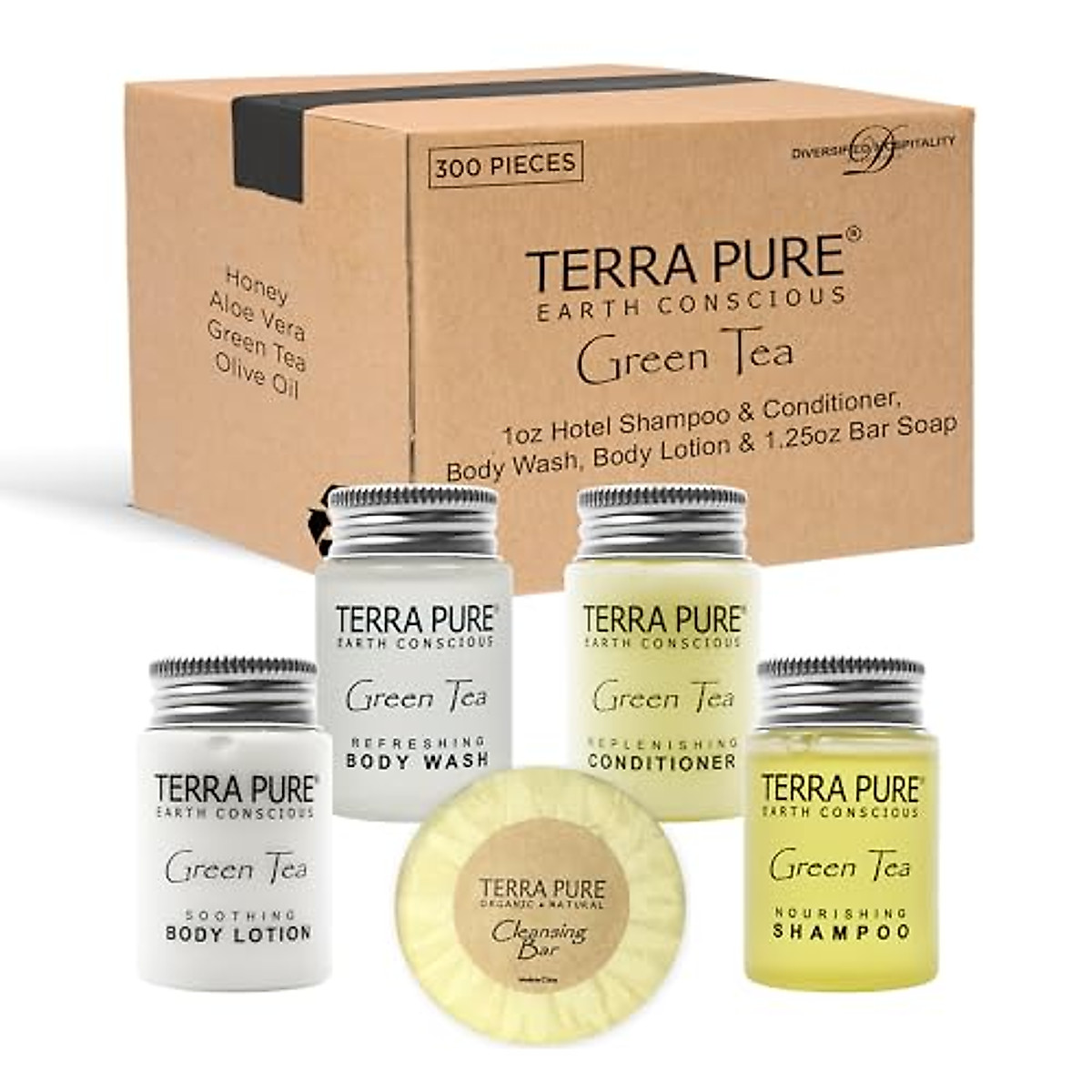 Terra Pure Hotel Soaps & Toiletries Bulk Set | 1-Shoppe Amenities Kit | 1oz Shampoo & Conditioner, Body Wash, Lotion, 1.25oz Bar Soap | Travel Size | 300 Pieces