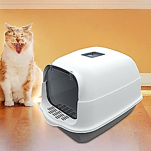 Milageto Large Cat Litter Box with Lid Enclosed and Covered with Door Easily to Clean Prevent Smell Litter Pan Heightened Fence Toilet Cat Toilet, Gray Bottom