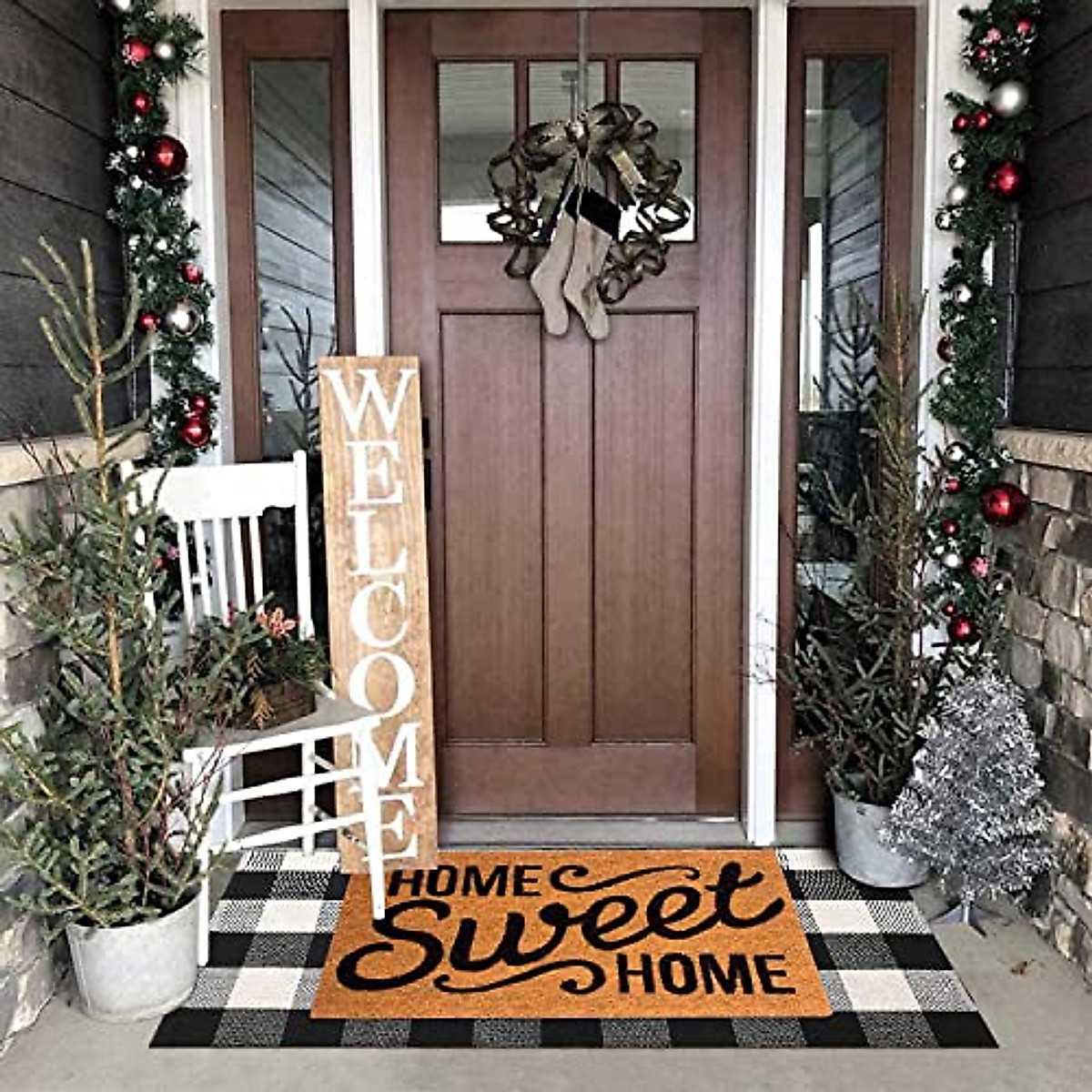 KIMODE Buffalo Plaid Outdoor Rug Runner Doormat 24'' x 51", Black/White Cotton Woven Checkered Farmhouse Porch Outdoor Rugs, Washable Indoor Door Mat for Front Layered Kitchen Bathroom Laundry Room