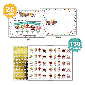 Gooji Kid’s Thank You Cards, 25 Pc. Postcards Set, Double-Sided Custom Cardstock with Fill in the Blank Messages for Birthday Party, Event, or Holiday Use, Stickers Included (Party Treats)