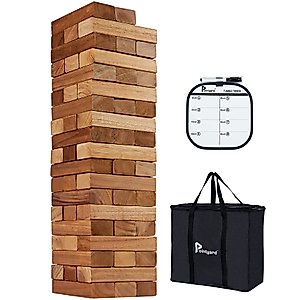 Pointyard 56PCS Giant Tumble Tower [Stack to 5FT+], Carbonized Pine Wooden Tumble Timber Game Set for Teens Adults Family - Classic Stacking Block Party Game with 1 Dice | Scoreboard | Carry Bag
