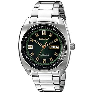 SEIKO SNKM97 Automatic Watch for Men - Recraft Series - Stainless Steel Case and Bracelet, Green Dial, Day/Date Calendar, 50m Water Resistant, and 41 Hour Power Reserve