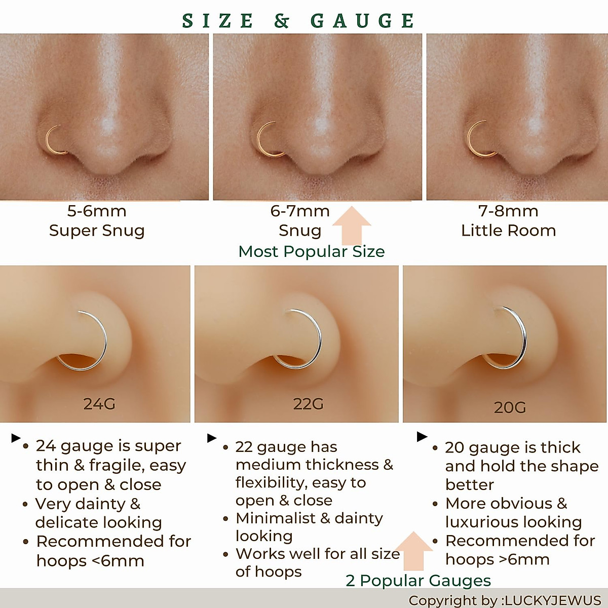 14k Gold Nose Rings Hoops for Women, 22 Gauge 6mm - 7mm Adjustable Nose Piercing Jewelry, Small Thin Gold Filled Snug Nose Hoop Ring 22G