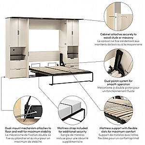 Bestar Lumina 107W Full Murphy Bed with Desk and 2 Storage Cabinets in White Chocolate, Sleeping Arrangement with Drawers