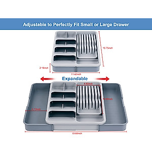 SOMIER Kitchen Utensil Drawer Organizer, Removable 2-Tier Knife Holder, Expandable Cutlery Tray for Silverware, Flatware and Utensils, Large Kitchen Drawer Dividers for Spoons, Forks, Knives, Gray