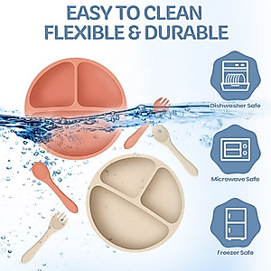 Potchen 6 Pack Suction Plates for Baby with Spoon Fork Divided Toddler Plate with Suction Silicone Baby Self Feeding Set for Boys Girls (Dark Gray, Army, Dark Blue, Orange, Khaki, Pink)