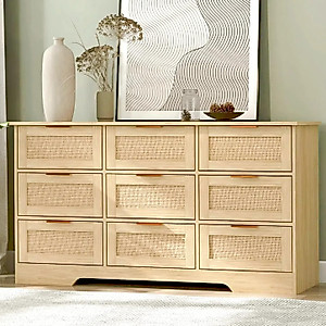 LTMEUTY 9 Drawer Dresser for Bedroom, Rattan Chest of Drawers, Modern Wood Dresser Chest with Golden Handles, 55” Wide Large Storage Long Dressers Organizer for Closet, Entryway, Living Room
